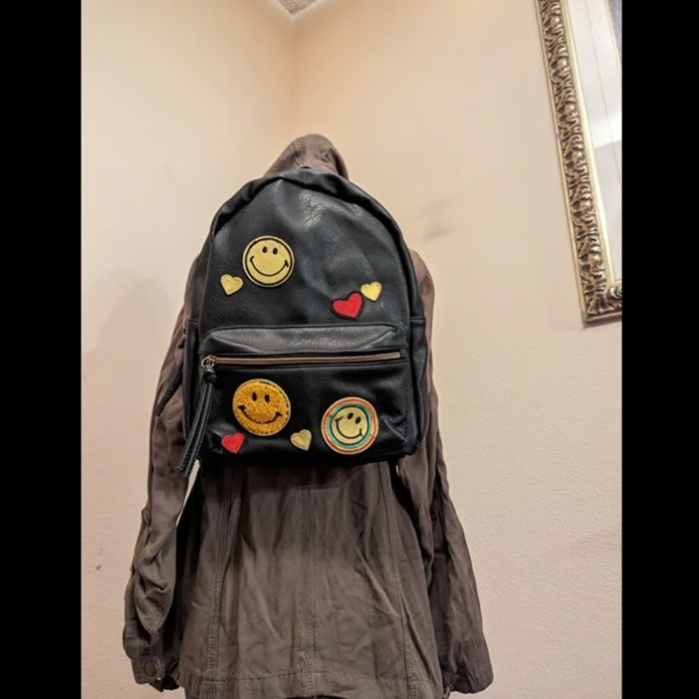 Mini Happy, Happy Face Patch Backpack Faux Leather - Gem